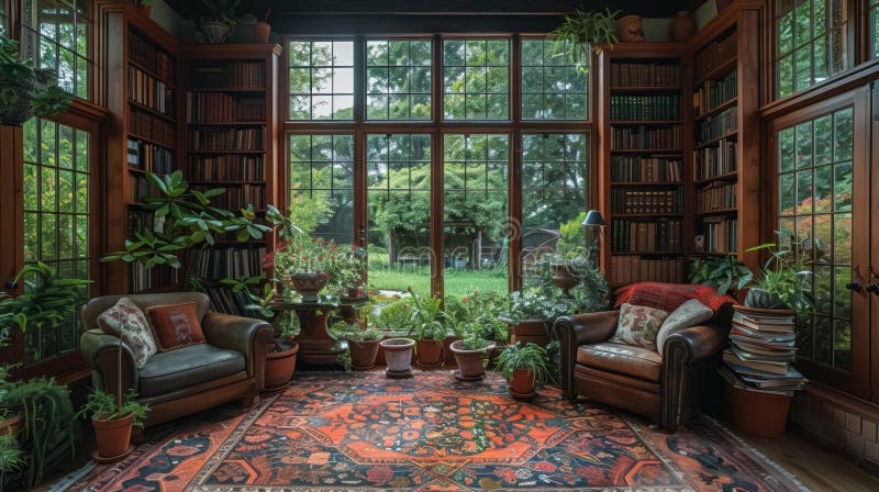 Garden-themed Library, Featuring Floral Patterns Stock Illustration ...