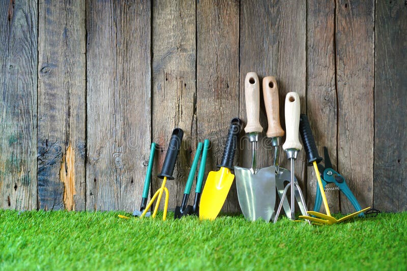 Garden Tools Assortment on the Artificial Grass Stock Image - Image of ...