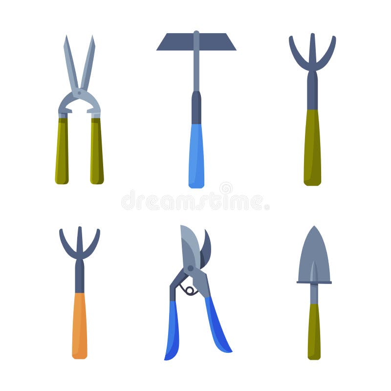 Garden Tools with Bush Pruner, Hammer, Trowel and Shears Vector Set ...