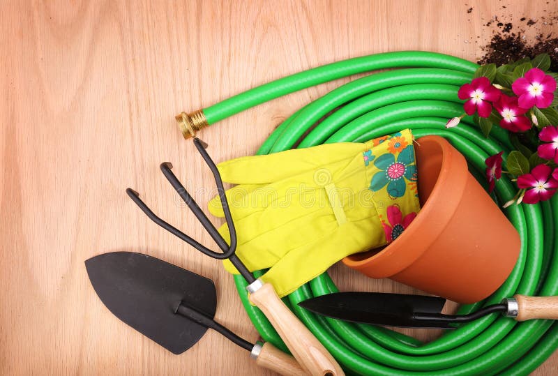 Garden Tools and Flowers with Fork on Wood Stock Photo - Image of ...