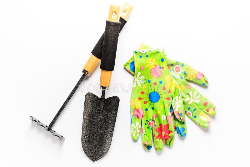 Garden Tools with Garden Gloves on White Background Stock Image - Image ...