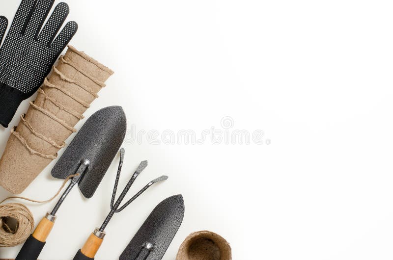 Garden Tools and Gloves on a White Background. Space for Text Stock ...