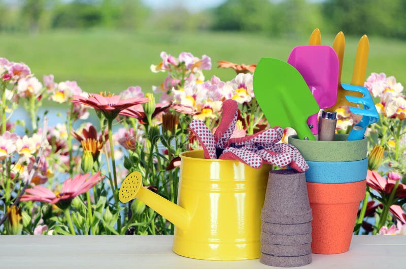 Garden tools stock photo. Image of flower, spring, rake - 77677124