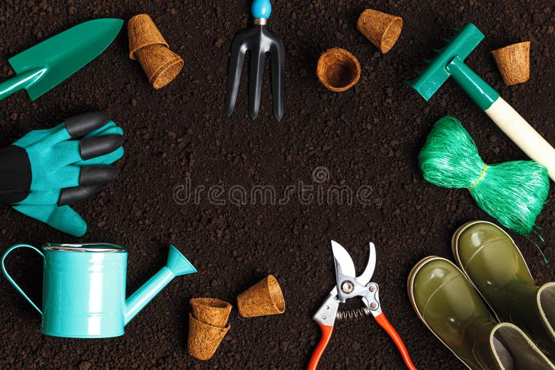 Garden Tools for Working on the Soil. Frame Top View Flat Lay Stock ...