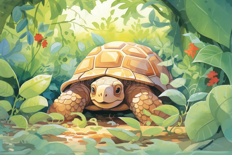 Garden Tortoise Hiding in the Shade Under a Bush Stock Illustration ...