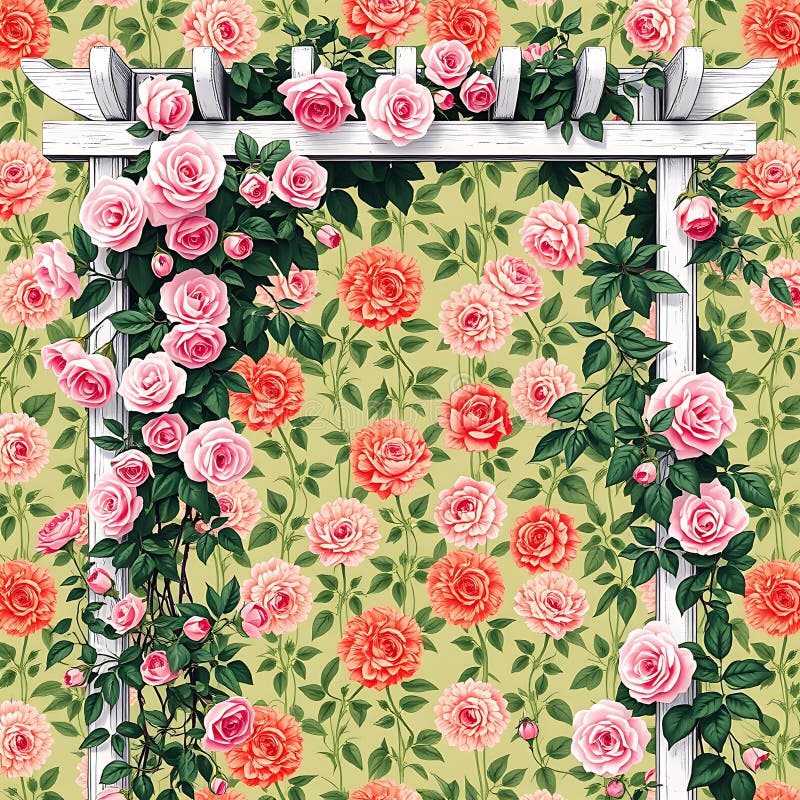 A Garden Trellis Inspired Floral Pattern with Climbing Roses Stock ...
