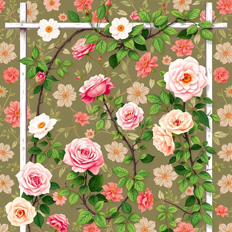 A Garden Trellis Inspired Floral Pattern with Climbing Roses Stock ...