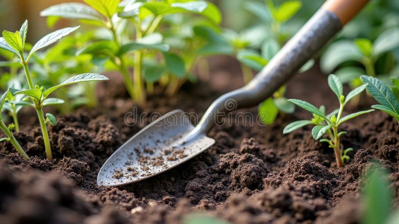 Garden Trowel in Soil with Green Seedlings Under Sunlight Stock Image ...