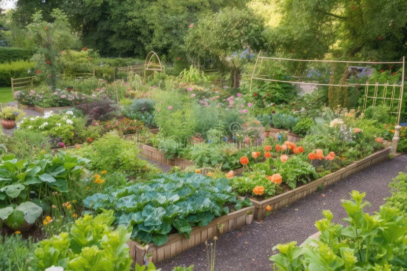Garden with Vegetable Patch, Surrounded by Blooming Flowerbeds Stock ...