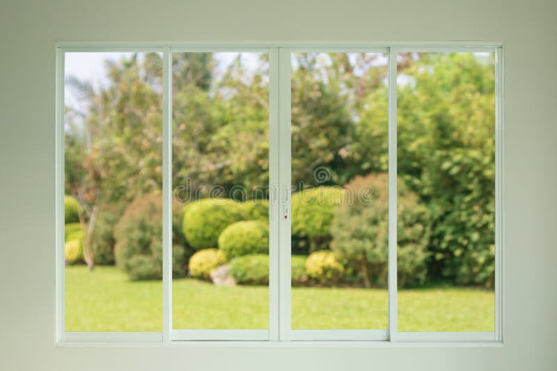 Beautiful View through Window on Garden Stock Image - Image of wooden ...