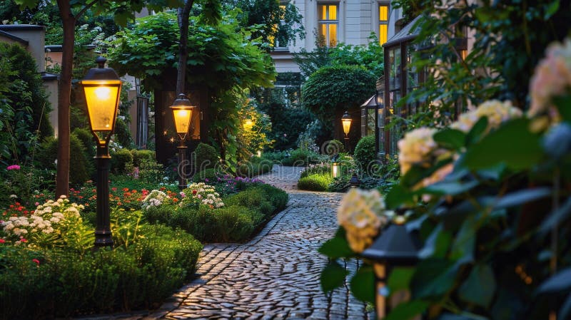 Garden Walkway Features Cobblestone Paths and Flower Beds in a Hotel ...