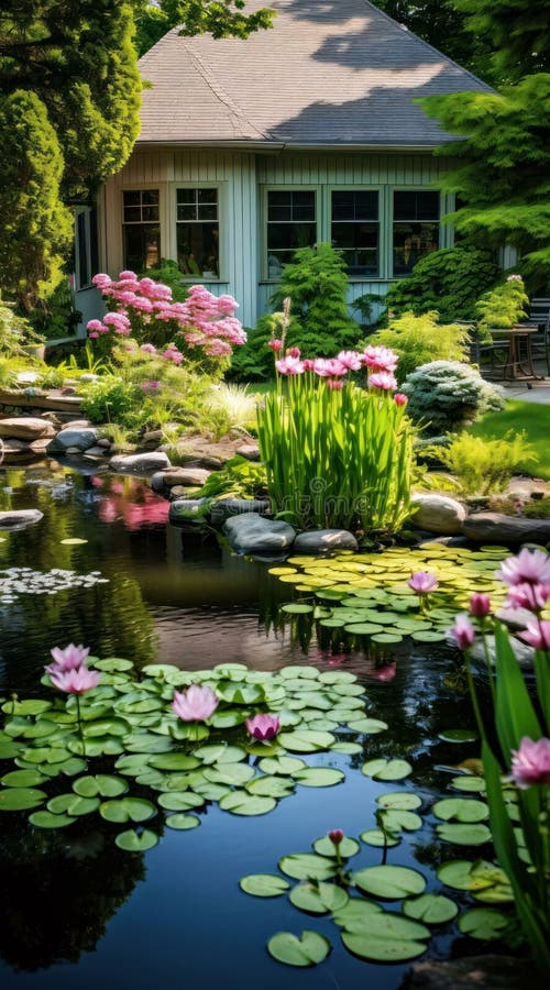 Garden with Water Garden with Pond Pond with Flowers Stock Illustration ...