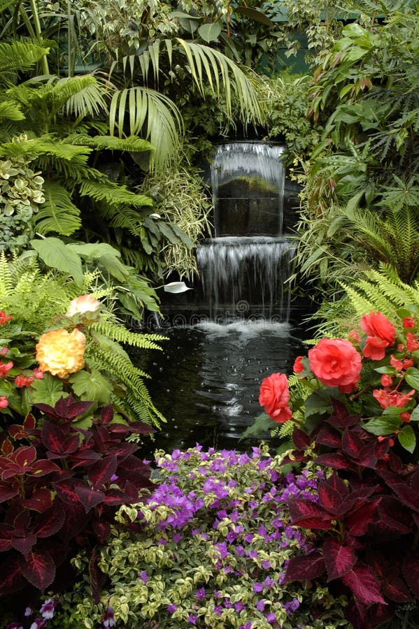 Flowers and Waterfall Garden Stock Image - Image of flora, colorful ...