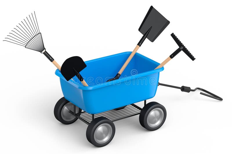 Garden Wheelbarrow with Garden Tools Like Shovel, Rake and Fork on ...