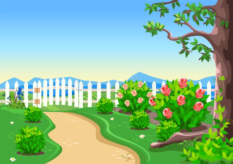 Cute Garden with Tree, White Fence, Garden Path, Rose Bushes and ...