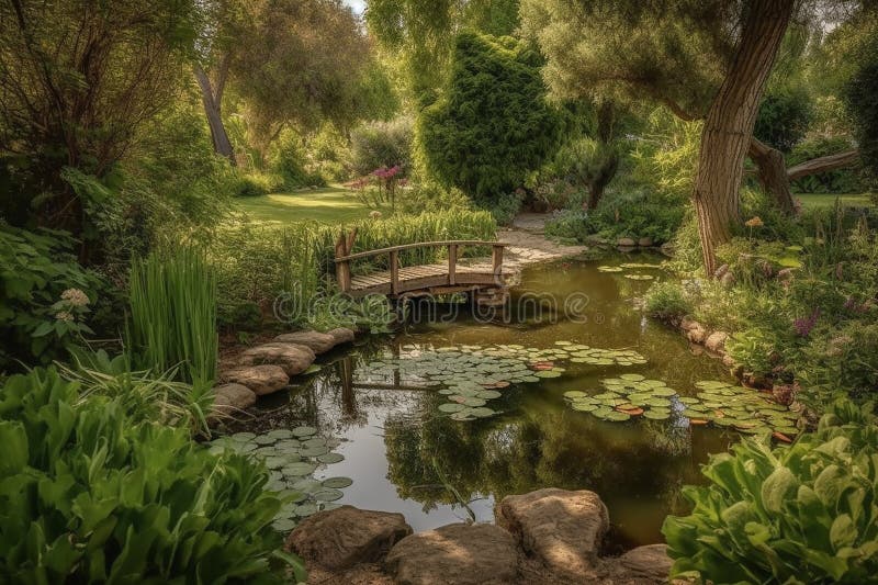 Garden, Winding Paths, Peaceful Pond, Surrounded by Lush Greenery Stock ...