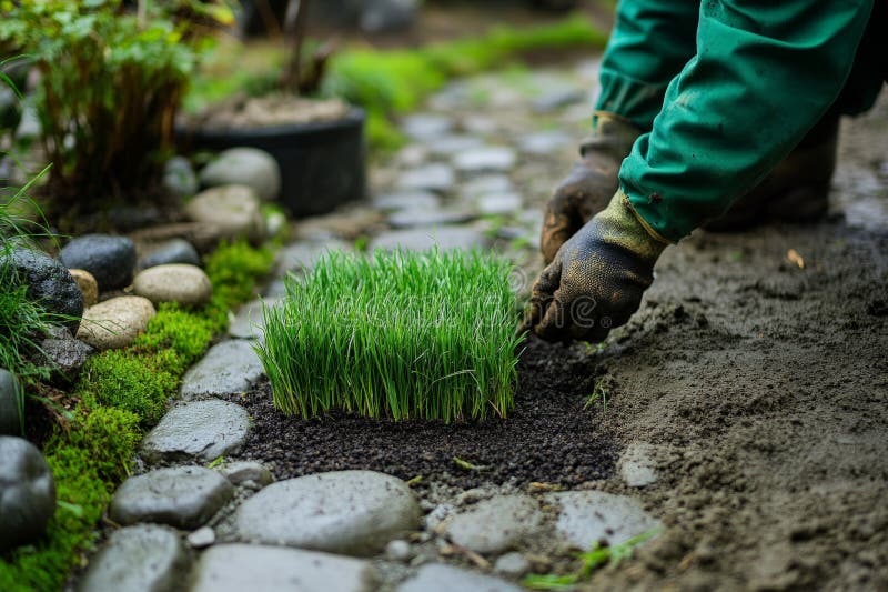 Gardener Carefully Planting Grass in a Stone Pathway Garden Setting ...