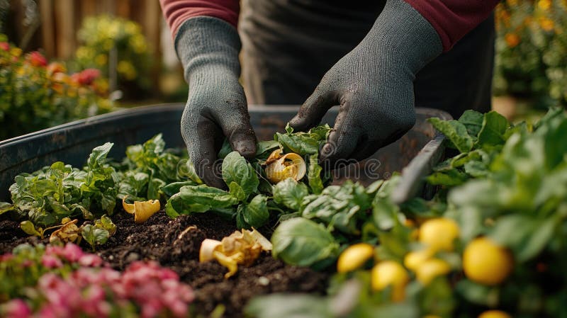 Gardener Composting in Vegetable Patch with Gloved Hands Stock Photo ...