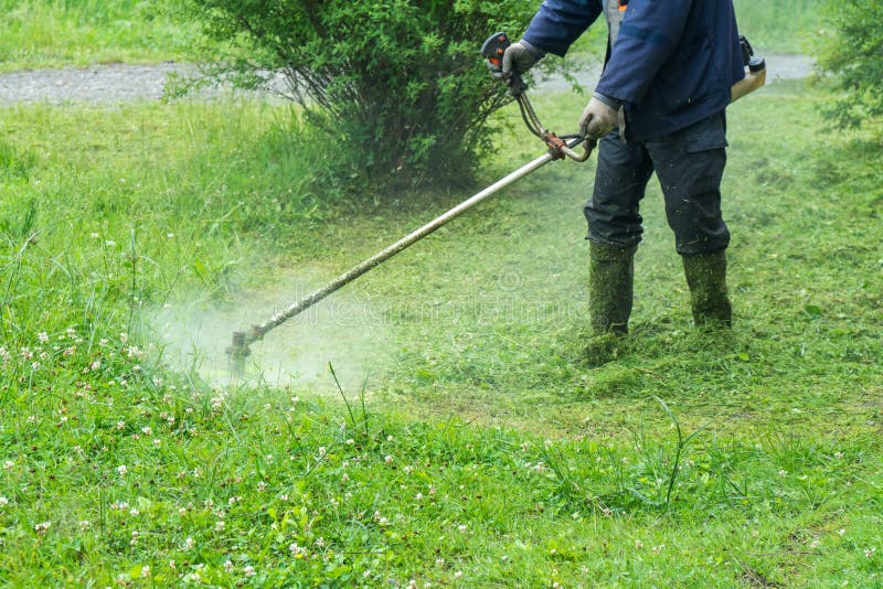 The Gardener Cutting Grass by Lawn Mower Stock Photo - Image of nature ...