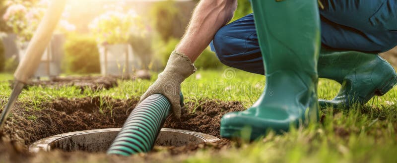 The Gardener Installing an Irrigation Pipe in a Lush Green Garden ...
