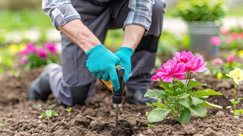A Gardener Kneels in a Flower Bed, Using a Tool To Plant Flowers Stock ...