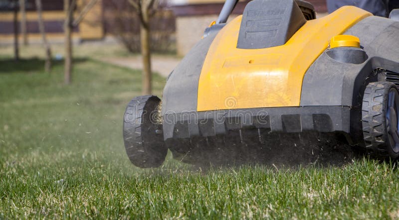 Gardener Operating Soil Aeration Machine on Grass Lawn Stock Image ...