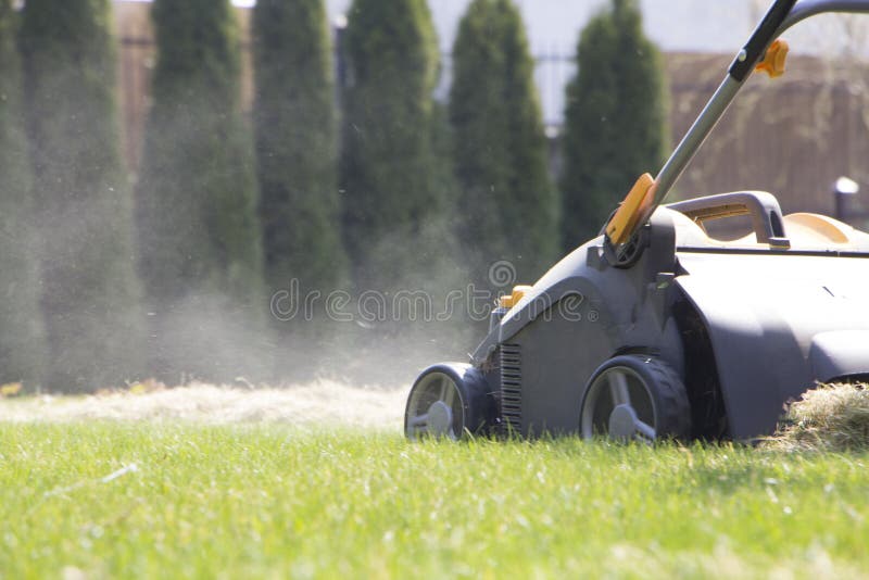 Gardener Operating Soil Aeration Machine on Grass Lawn Stock Image ...