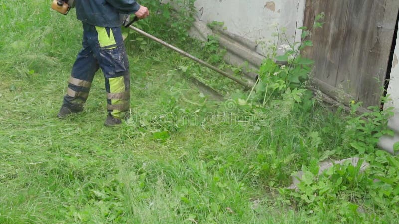 Gardener in Protective Gear Using a String Trimmer To Cut Tall Grass ...
