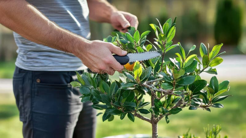 Gardener Pruning a Small Tree with a Pruning Saw in a Garden during ...
