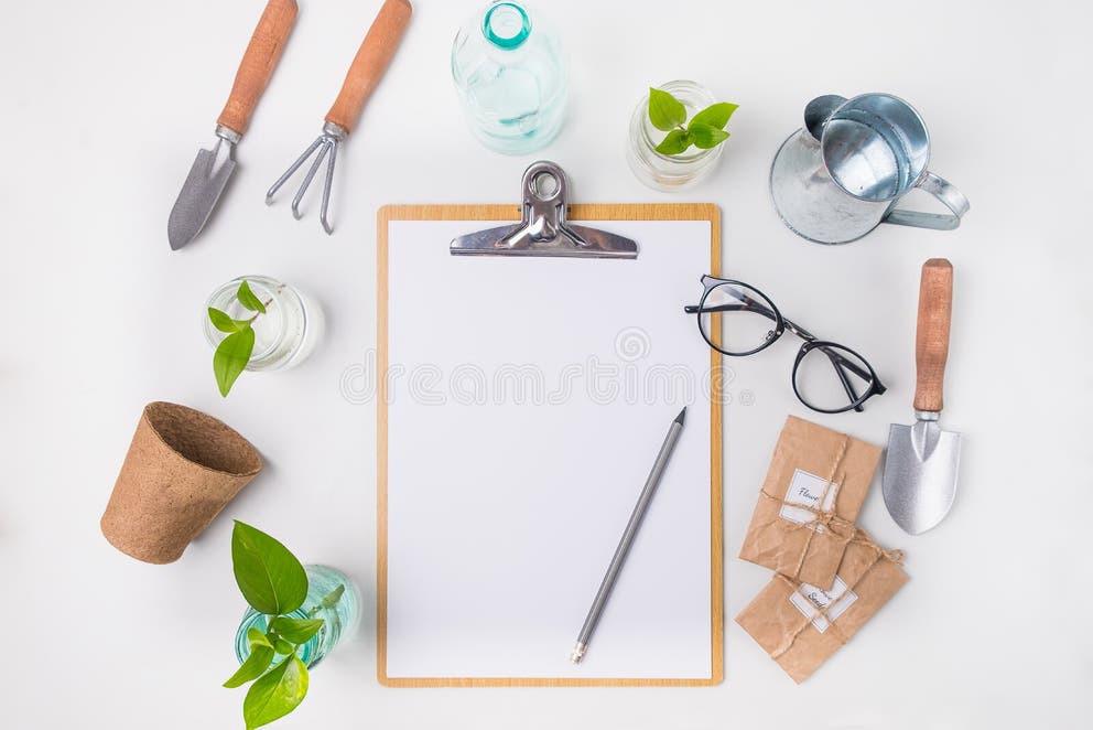 Gardener`s Desk with Garden Tools, Seeds and Tablet Stock Image - Image ...