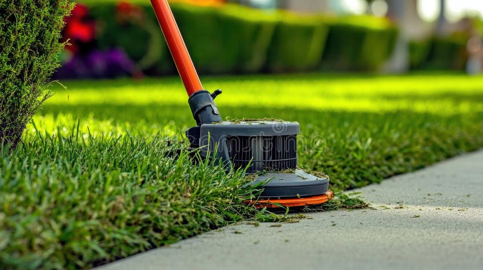 Gardener Trimming the Lawn Edges with a Cordless String Trimmer Stock ...