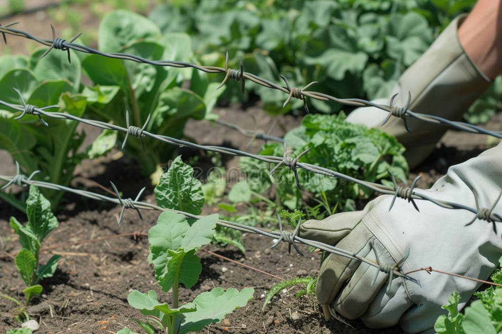 Gardener Using Barbed Wire To Support Growing Plants Stock Image ...