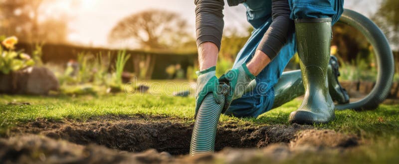 The Gardener Using a Hose To Manage Soil in a Beautiful Garden Setting ...