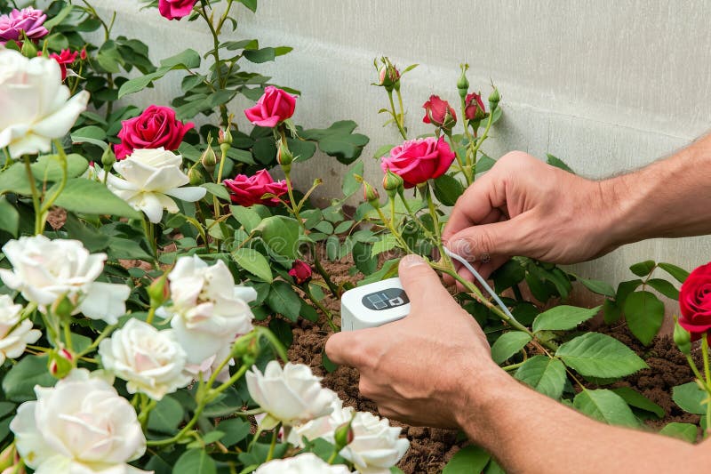 Gardener Using Soil Sensor Device in Rose Garden for Optimal Plant Care ...