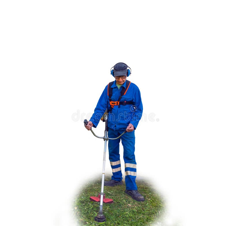 Gardener Worker with Trimmer Isolated on White Stock Image - Image of ...