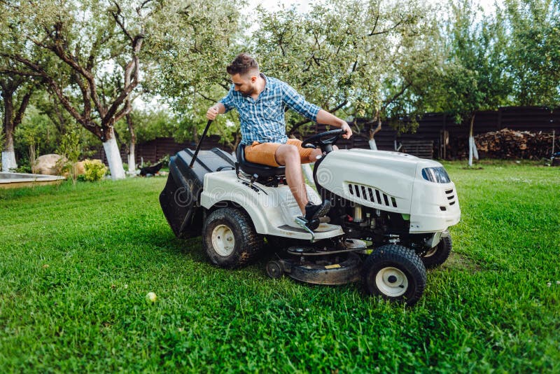 Gardener Worker Using Lawn Tractor and Cutting Grass Stock Image ...