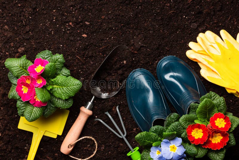 Gardening Background. Spring Planting Related Objects on Turf Garden ...