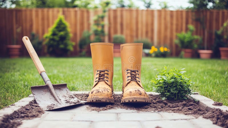 Gardening Boots, Shovel, Plants, Backyard, Spring Planting Stock Image ...