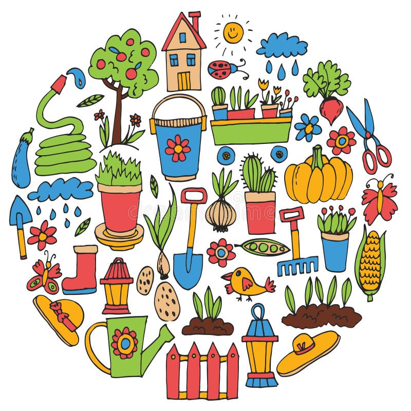 Gardening Cute Garden Vector Set Equipment, Plants, Vegetables Stock ...
