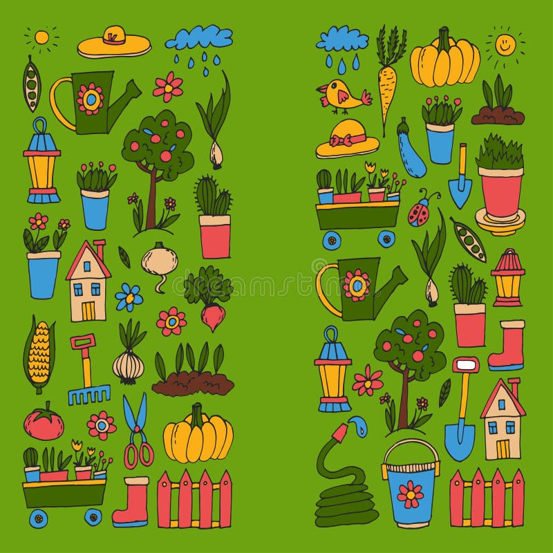 Gardening Cute Garden Vector Set Equipment, Plants, Vegetables Stock ...
