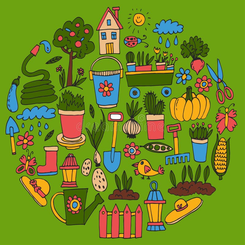 Gardening Cute Garden Vector Set Equipment, Plants, Vegetables Stock ...
