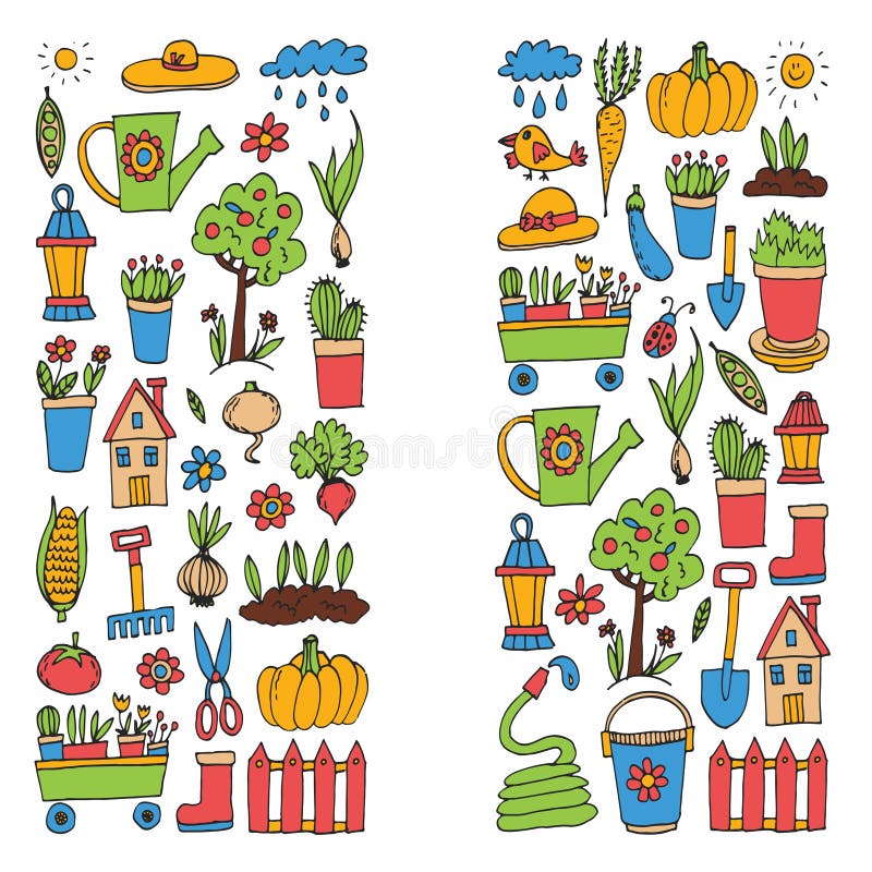 Gardening Cute Garden Vector Set Equipment, Plants, Vegetables Stock ...