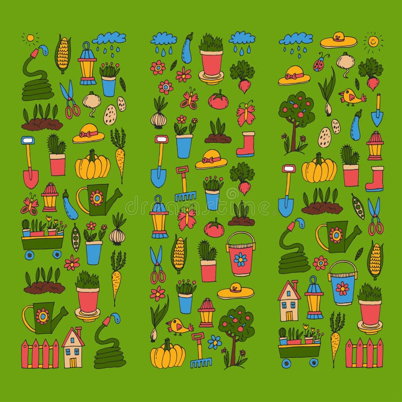 Gardening Cute Garden Vector Set Equipment, Plants, Vegetables Stock ...