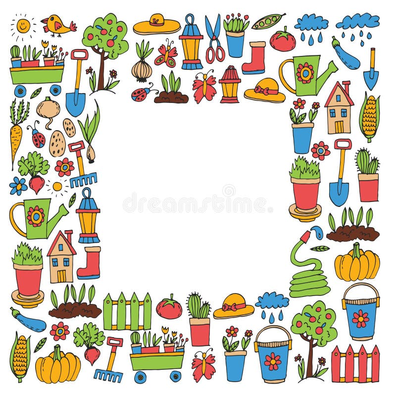 Gardening Cute Garden Vector Set Equipment, Plants, Vegetables Stock ...