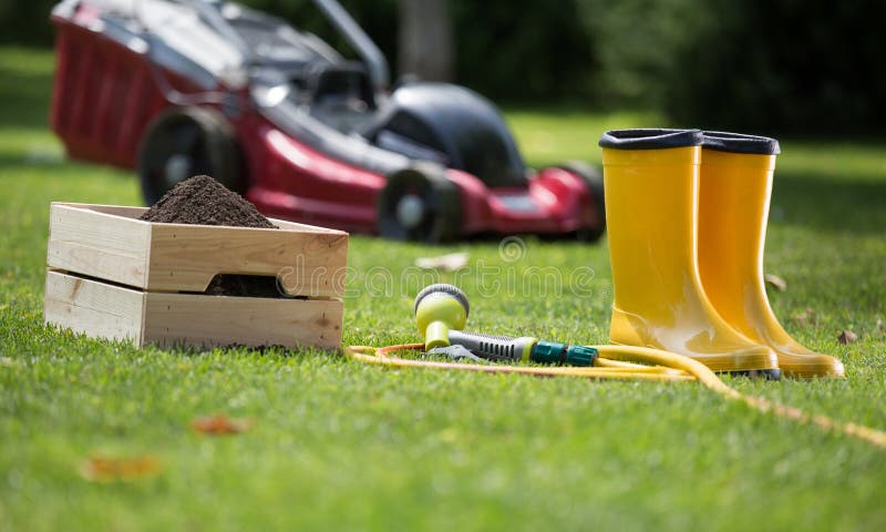 Gardening Equipment on Grass Stock Image - Image of courtyard, garden ...