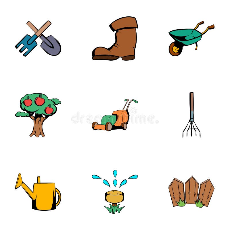 Gardening Icons Set, Cartoon Style Stock Vector - Illustration of hose ...
