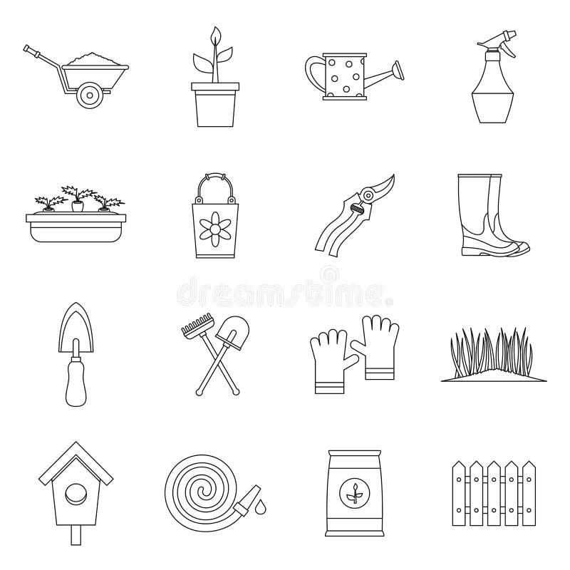 Gardening Icons Set, Outline Style Stock Vector - Illustration of ...