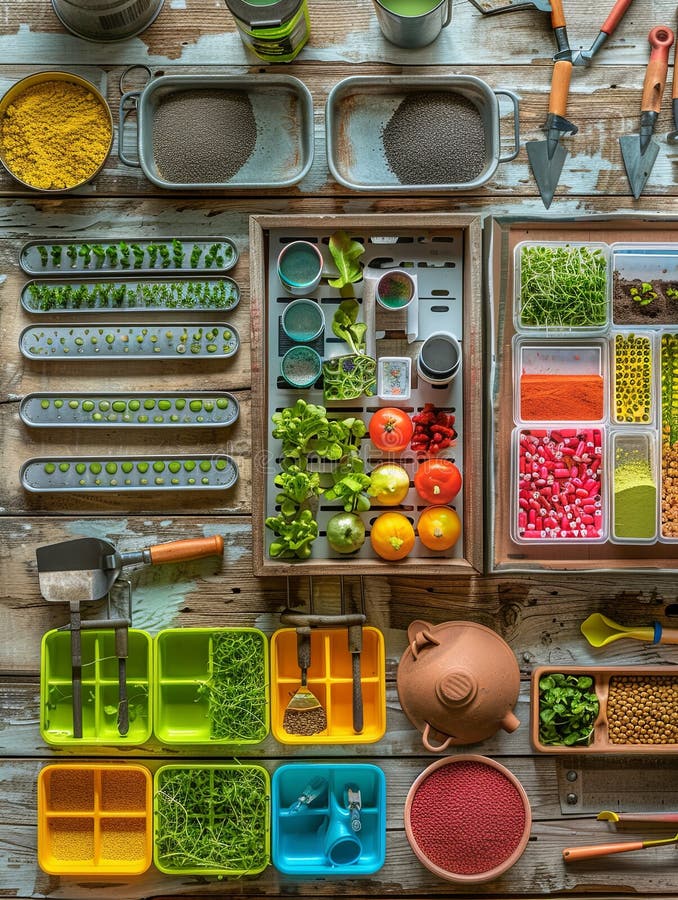 Gardening with Microgreen Seed Packets and Tools on a Rustic Wooden ...