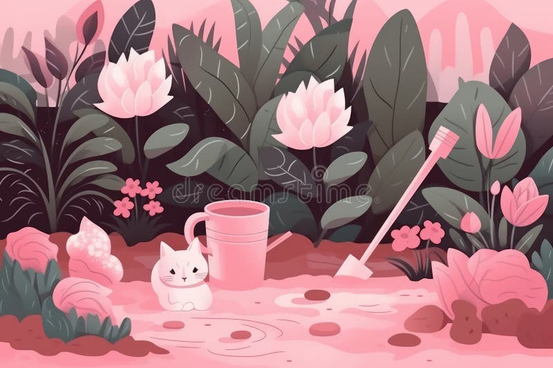 Gardening Pink Concept with Cat Image Generative AI Stock Illustration ...