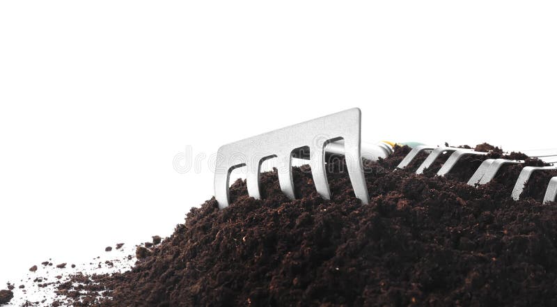 Gardening Rakes with Soil on White Background Stock Photo - Image of ...
